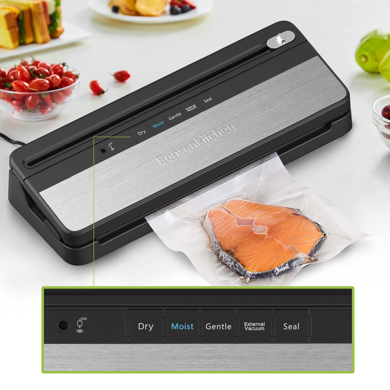 Bonsenkitchen Food Vacuum Sealer Machine, Built-in Cutter & Sealer Bags and Container Starter Kit, Dry&Moist Food Modes, Compact Design Air Sealing System Preservation For Food Storage