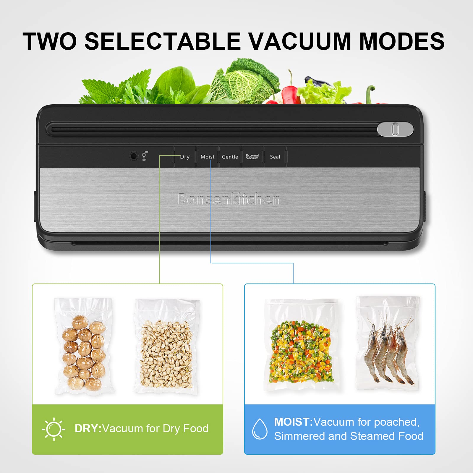 Bonsenkitchen Food Vacuum Sealer Machine, Built-in Cutter & Sealer Bags and Container Starter Kit, Dry&Moist Food Modes, Compact Design Air Sealing System Preservation For Food Storage