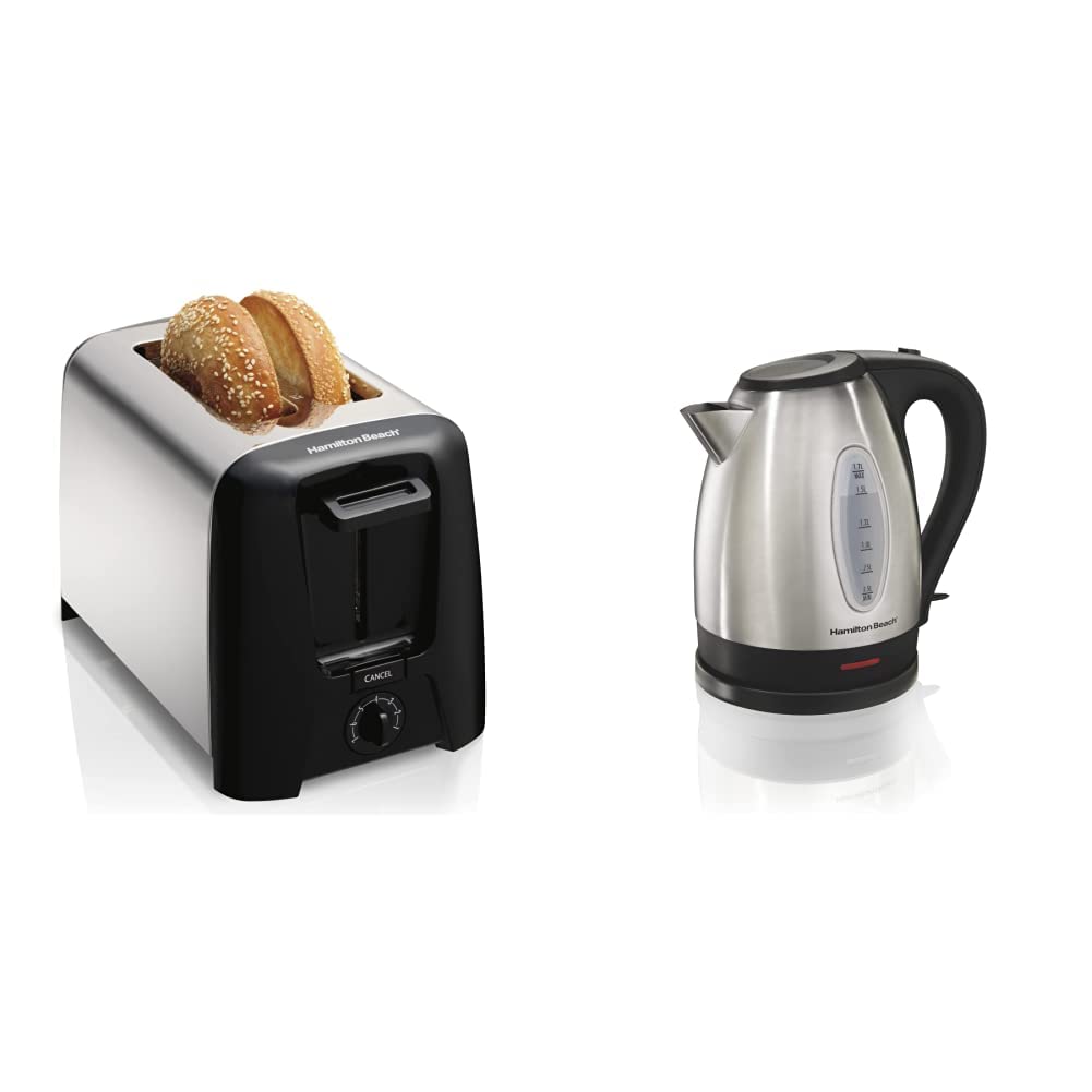 Hamilton Beach 2 Slice Toaster with Extra Wide Slots, Black & Electric Tea Kettle, Water Boiler & Heater, 1.7 L, Cordless, Auto-Shutoff and Boil-Dry Protection, Stainless Steel