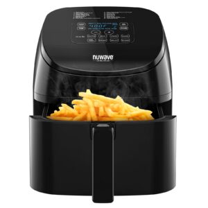 nuwave brio 4.5-qt air fryer, 1 touch digital controls, 100°-400°f temp controls in 5° increments, linear thermal (linear t) technology, 3 wattage settings 600, 900 & 1500w, built-in safety features