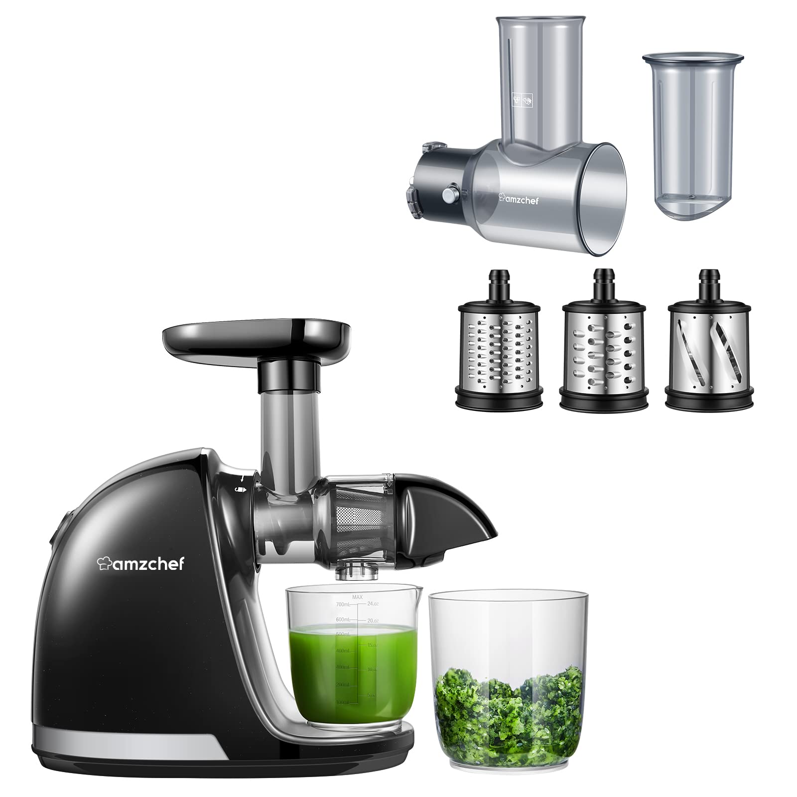 AMZCHEF Slow Masticating Juicer Bundled with Slicer Shredder Attachments, Cold Press Juicer With Silent Motor and Reverse Function,3 Interchangeable blades for Juicing and Shredding Cheese