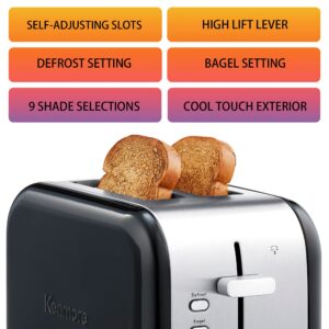 Kenmore 2-Slice Toaster, Black Stainless Steel, Extra Wide Slots, Bagel and Defrost Functions, 9 Browning Levels, Removable Crumb Tray, for Bread, Toast, English Muffin, Toaster Strudel