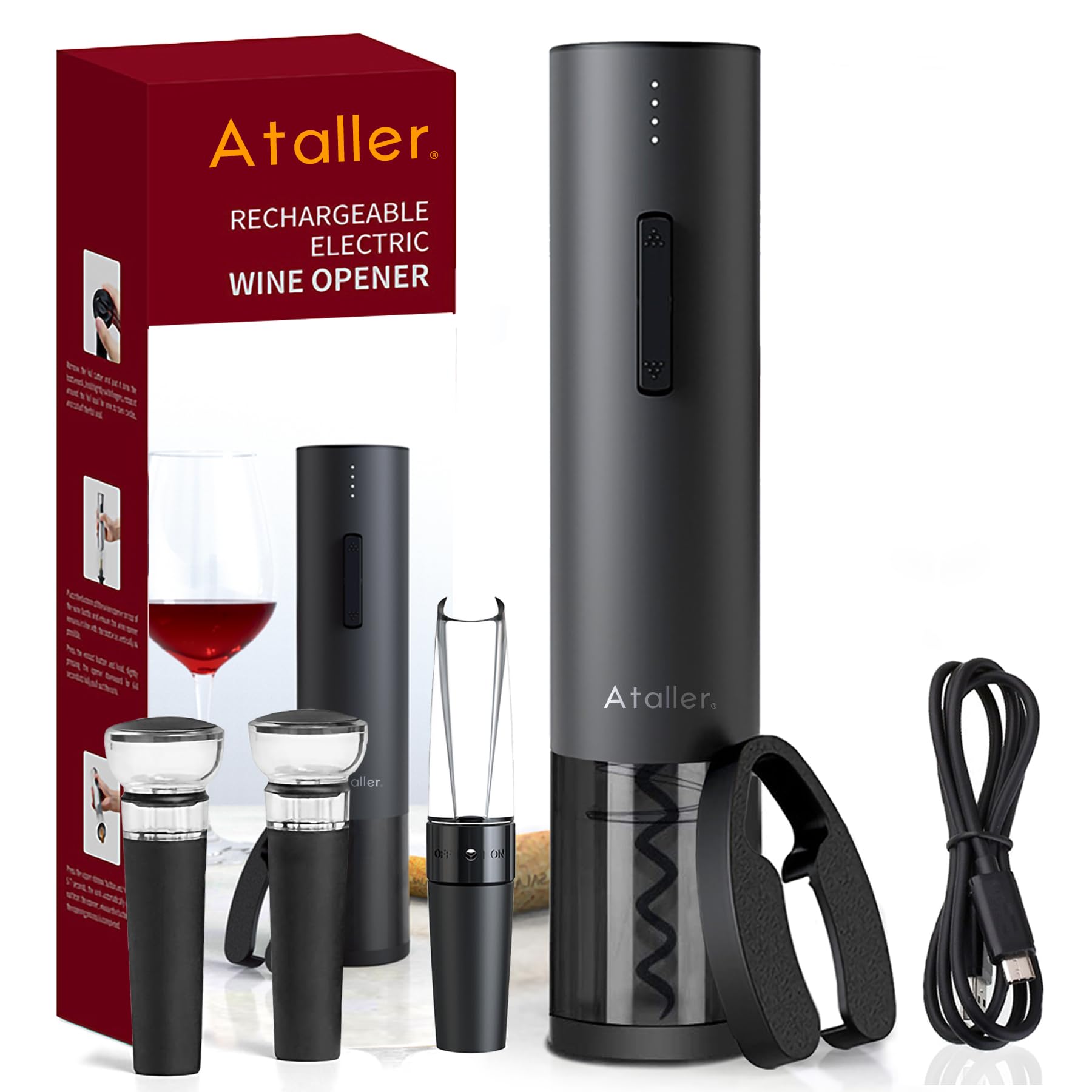 Ataller 4-in-1 Electric Wine Bottle Openers Set, USB Rechargeable Automatic Wine Corkscrews with 1 x Wine Pourer and 1 x Foil Cutter and 2 x Vacuum Wine Stoppers