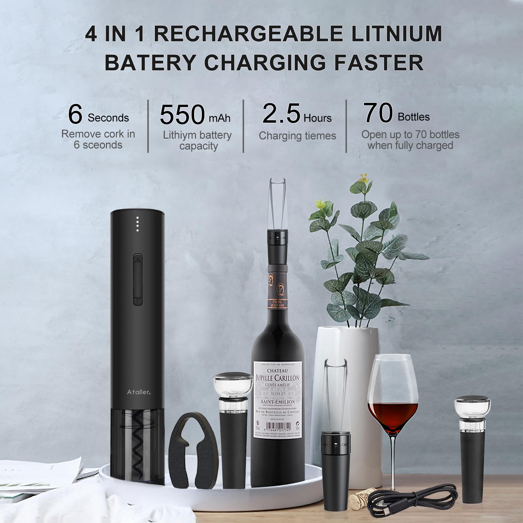 Ataller 4-in-1 Electric Wine Bottle Openers Set, USB Rechargeable Automatic Wine Corkscrews with 1 x Wine Pourer and 1 x Foil Cutter and 2 x Vacuum Wine Stoppers