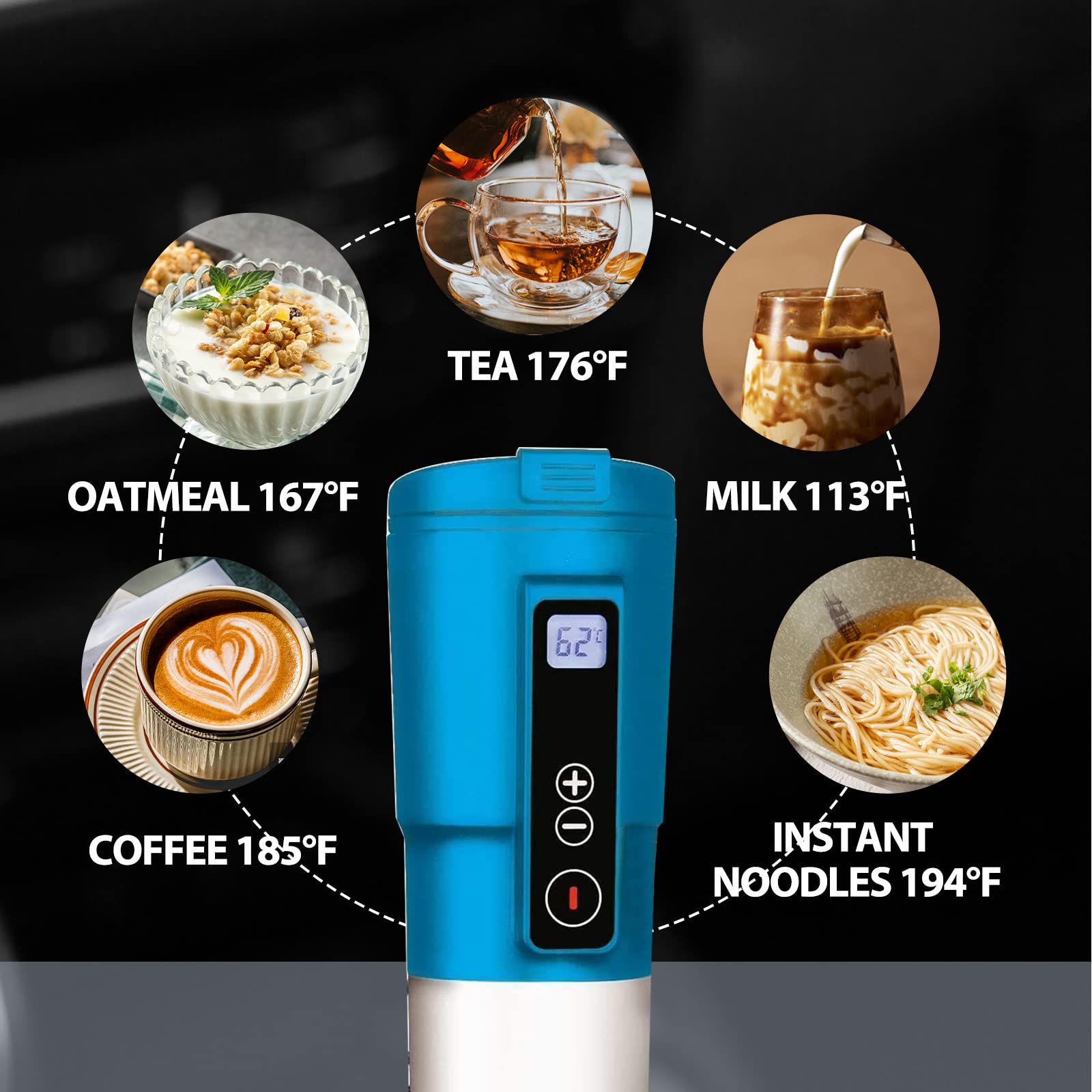 Smart Temperature Control Travel Coffee Mug BUKEYUQIU Electric Heated Travel Mug 12V Stainless Steel Tumbler Smart Heating Car Cup Keep Milk Warm LCD Display Easily Washing Safe for use (Blue)