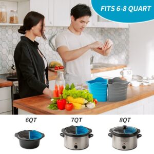 2 PCs 6-8 Quarts Silicone Crock Pot Divider Insert Oval, Reusable Slow Cooker Liners for Hamilton Beach, KitchenAid or any other Crockpot Liners, Dishwasher Safe, Leak Proof, Easy Clean (Grey+Blue)