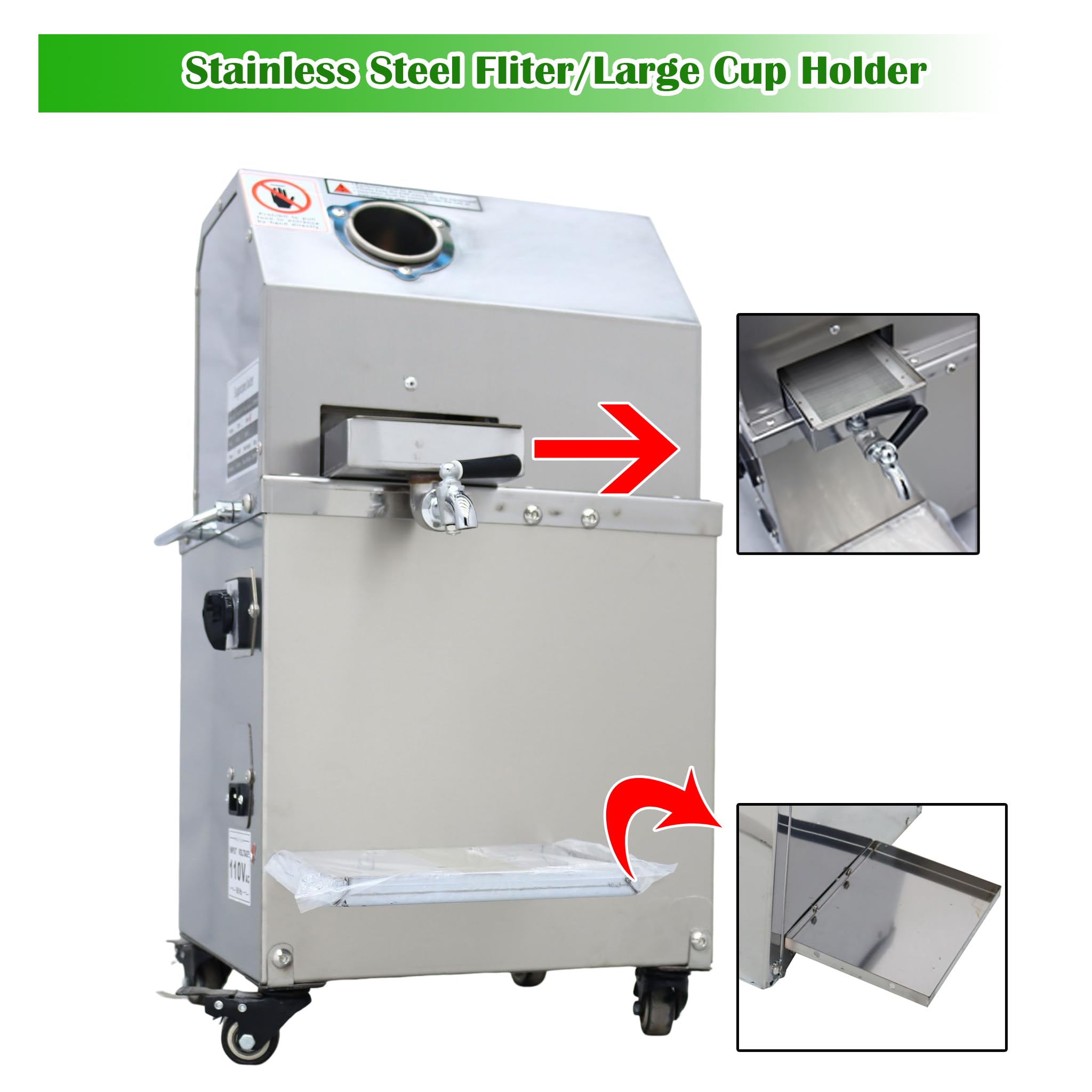 INTBUYING Sugarcane Juicer Electric Sugar Cane Press Machine W/3 Stainless Steel Rollers 2 Knives Sugarcane Extractor Machine Commercial Sugarcane Ginger Juice Mill Machine 110V 660LB/H