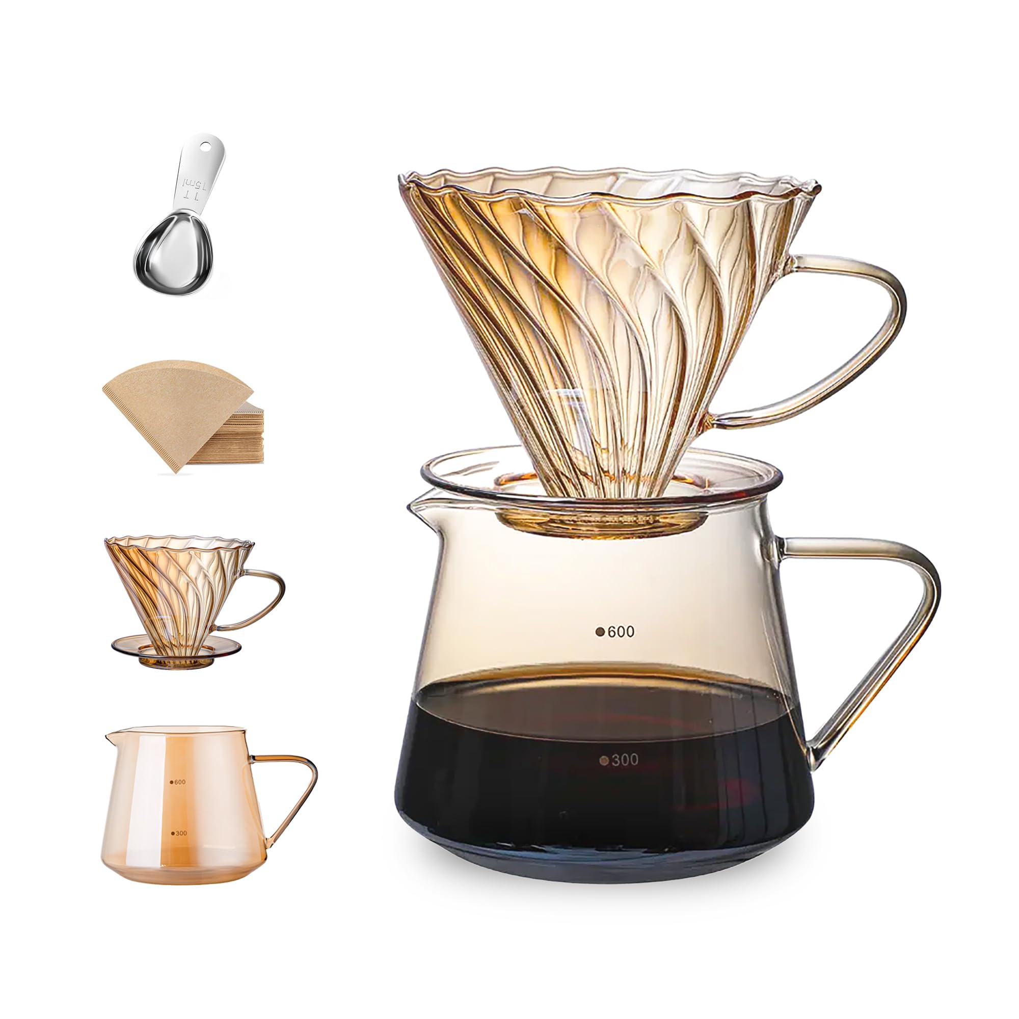 Can's Pour Over Coffee Maker Set With 50 Filters, Glass Coffee Dripper Brewer & Glass Coffee Pot + Stainless Steel Coffee Spoon, V60 Pour Over Coffee (Small 17oz- 500ml - Amber)