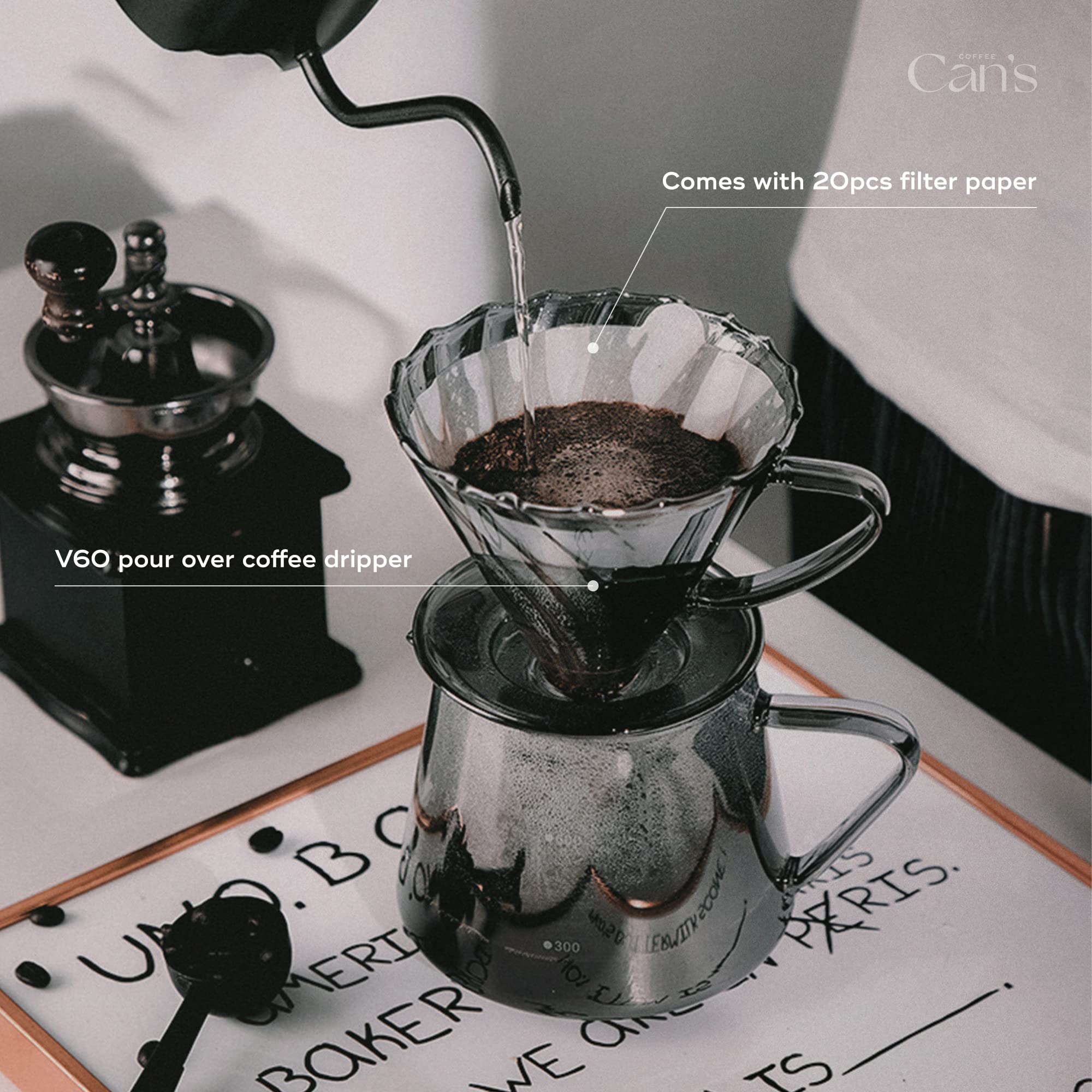 Can's Pour Over Coffee Maker Set With 50 Filters, Glass Coffee Dripper Brewer & Glass Coffee Pot + Stainless Steel Coffee Spoon, V60 Pour Over Coffee (Small 17oz- 500ml - Amber)