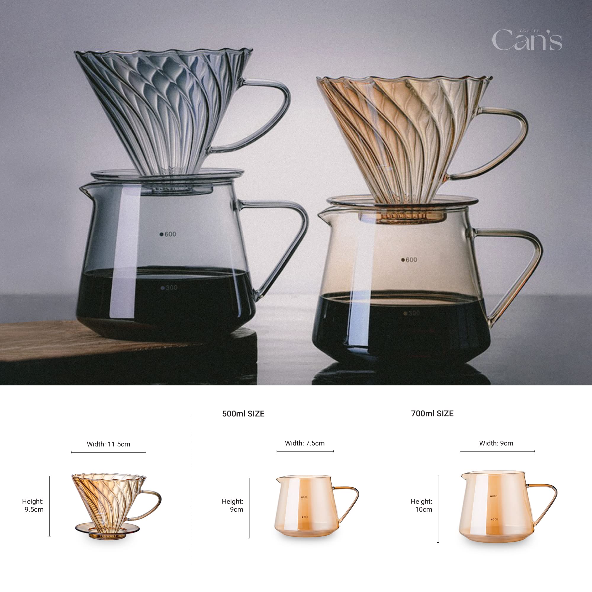 Can's Pour Over Coffee Maker Set With 50 Filters, Glass Coffee Dripper Brewer & Glass Coffee Pot + Stainless Steel Coffee Spoon, V60 Pour Over Coffee (Small 17oz- 500ml - Amber)