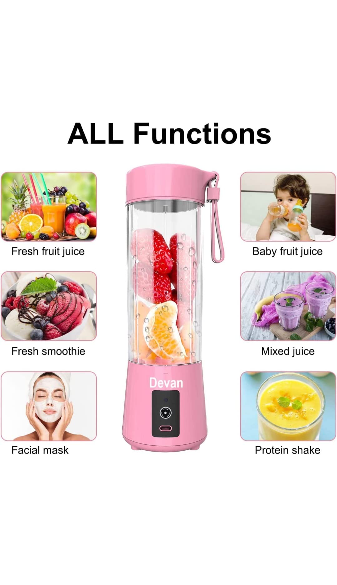 Portable Blender, BAVAD Personal Blender for Shakes and Smoothies with Mini Juicer Cup-Six Blades in 3D, USB Rechargeable (Pink)