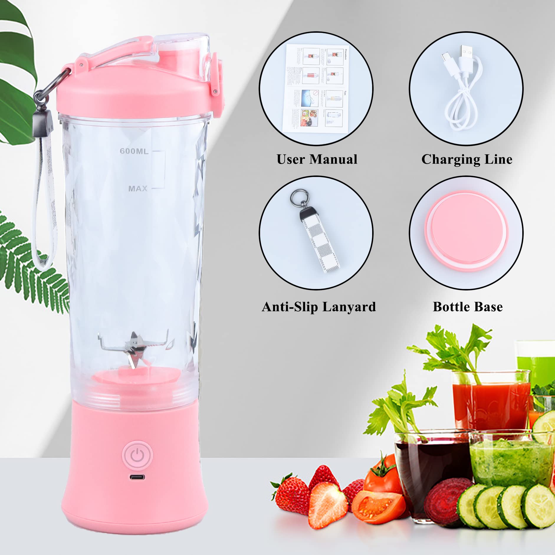 Portable Blender,MOCOPO Personal Blender for Shakes and Smoothies with 6 Blades,20 OZ Mini Blender,4000mAh Electric Blender for Kitchen,Home,Travel,Outdoor(Pink)