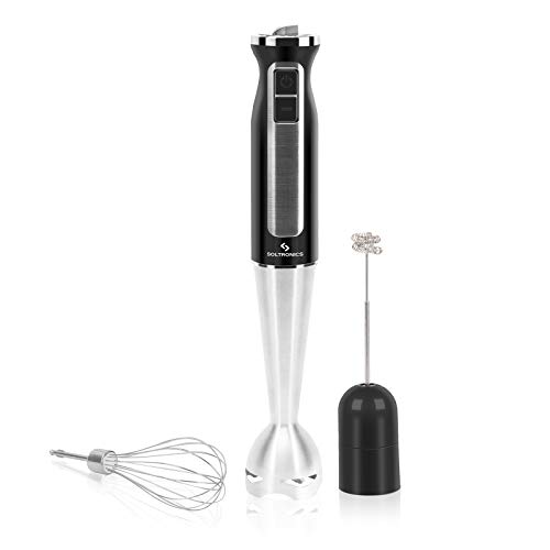 SOLTRONICS 3-in-1 Hand Blender, 3-in-1, 8-Speed 500 Watts Stick Blender with Milk Frother, Egg Whisk for Smoothies, Coffee Milk Foam, Puree Baby Food, Sauces and Soups, BPA-Free, Black