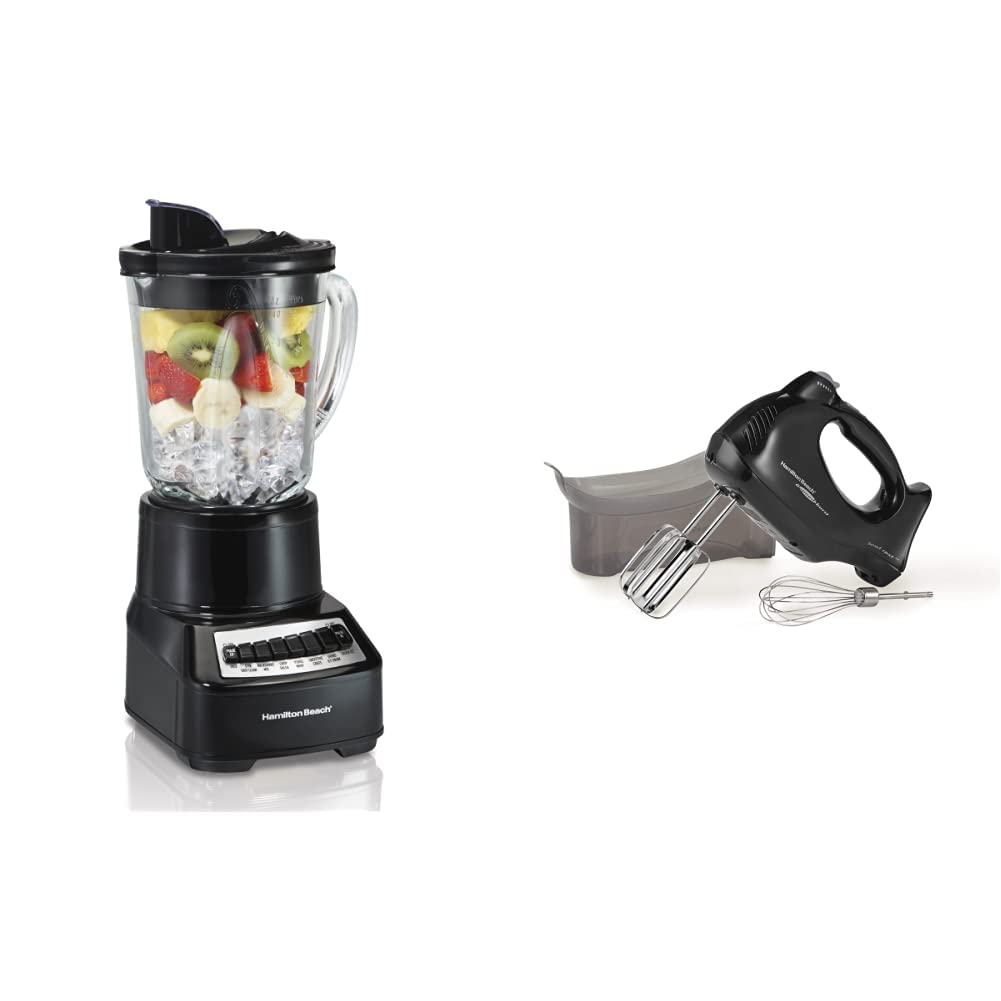 Hamilton Beach Wave Crusher Blender with 14 Functions & 40oz Glass Jar for Shakes and Smoothies, Black (54220) & 6-Speed Electric Hand Mixer with Snap-On Case, Beaters, Whisk, Black (62692)