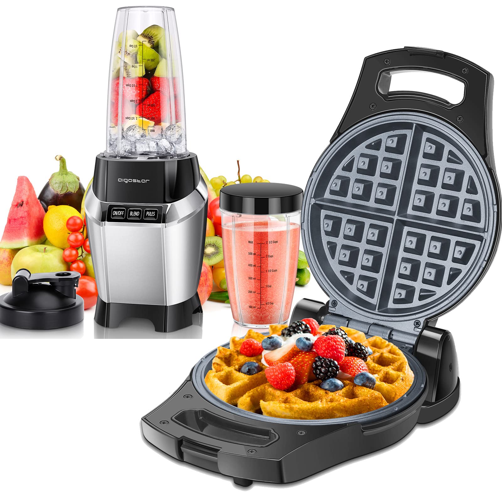 Aigostar Belgian Waffle Maker, 1000W Bullet Blender for Shakes and Smoothies, 8 Inch Flip Waffle Irons with Non-Stick Surfaces, Countertop Blender for Crushing Ice Puree Frozen Fruit