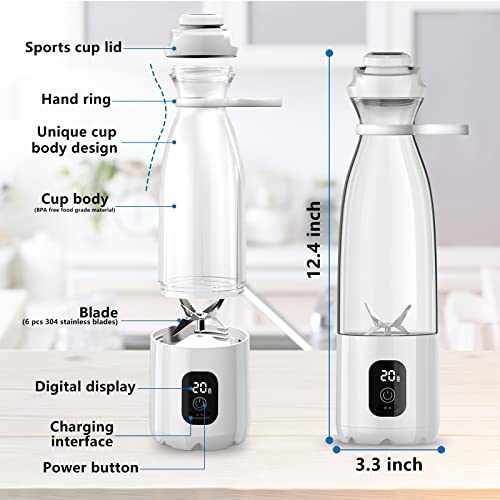 Blender for Smoothies, 300W Portable Blender with Pulse Technology and USB Magnetic Charging, KOBWA 20oz Personal Size Blender with a Removable Travel Bottle for Shakes,Ice, Frozen Fruit,Nuts (White)