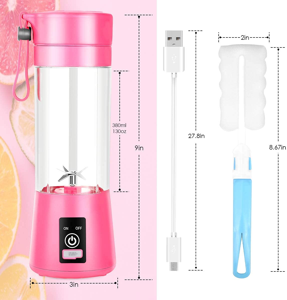 FlyBanboo Portable Blender, Personal Blender with USB Rechargeable Mini Fruit Juice Mixer,Personal Size Blender for Smoothies and Shakes Mini Juicer Cup Travel 380ML(Pink)