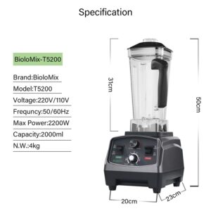 BioloMix Professional Countertop Blender, Blender for Kitchen Max 2200W High Power Home and Commercial Blender with Timer, Smoothie Blender for Crushing Ice, Frozen Fruit, Soup (Standard)