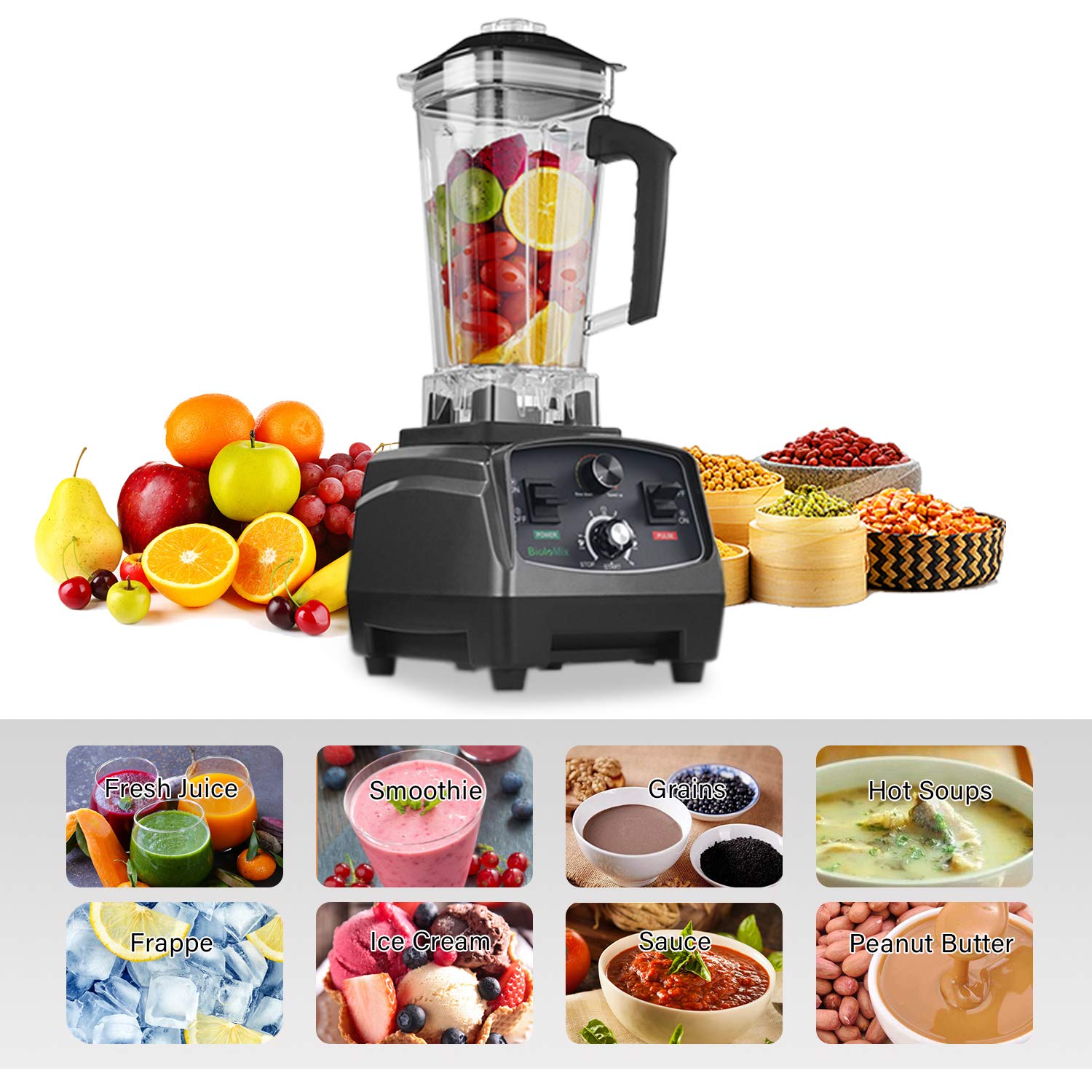 BioloMix Professional Countertop Blender, Blender for Kitchen Max 2200W High Power Home and Commercial Blender with Timer, Smoothie Blender for Crushing Ice, Frozen Fruit, Soup (Standard)