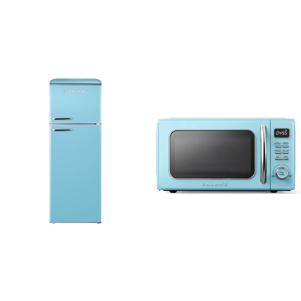 Galanz GLR12TBEEFR Refrigerator, Dual Door Fridge, Retro Blue, 12.0 Cu Ft & GLCMKZ11BER10 Retro Countertop Microwave Oven with Auto Cook & Reheat, 1.1 cu ft, Blue