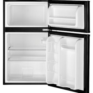 GE Mini Fridge With Freezer | 3.1 Cubic Ft. | Double-Door Design With Glass Shelves, Crisper Drawer & Spacious Freezer | Small Refrigerator Perfect for the Garage, Dorm Room, or Bedroom | Black