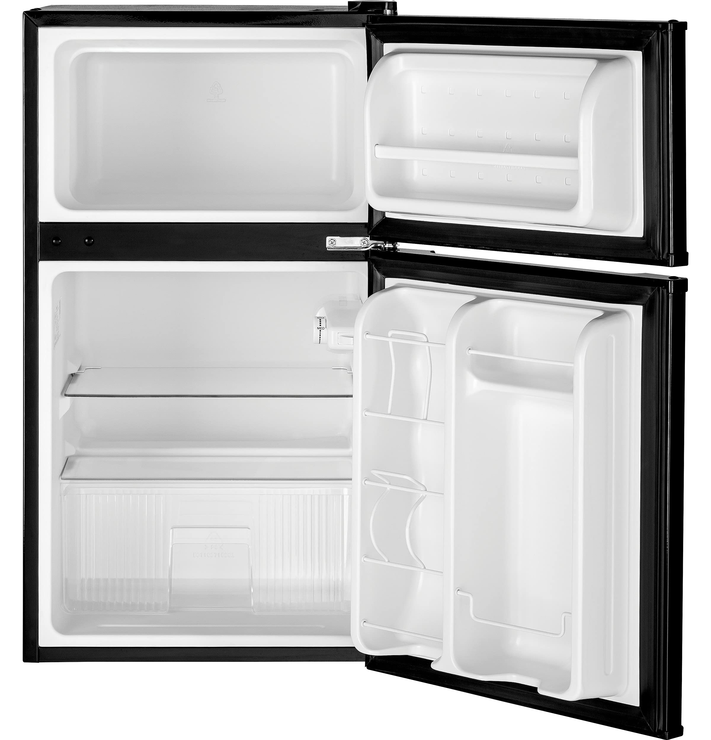 GE Mini Fridge With Freezer | 3.1 Cubic Ft. | Double-Door Design With Glass Shelves, Crisper Drawer & Spacious Freezer | Small Refrigerator Perfect for the Garage, Dorm Room, or Bedroom | Black