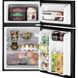 GE Mini Fridge With Freezer | 3.1 Cubic Ft. | Double-Door Design With Glass Shelves, Crisper Drawer & Spacious Freezer | Small Refrigerator Perfect for the Garage, Dorm Room, or Bedroom | Black