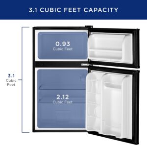 GE Mini Fridge With Freezer | 3.1 Cubic Ft. | Double-Door Design With Glass Shelves, Crisper Drawer & Spacious Freezer | Small Refrigerator Perfect for the Garage, Dorm Room, or Bedroom | Black