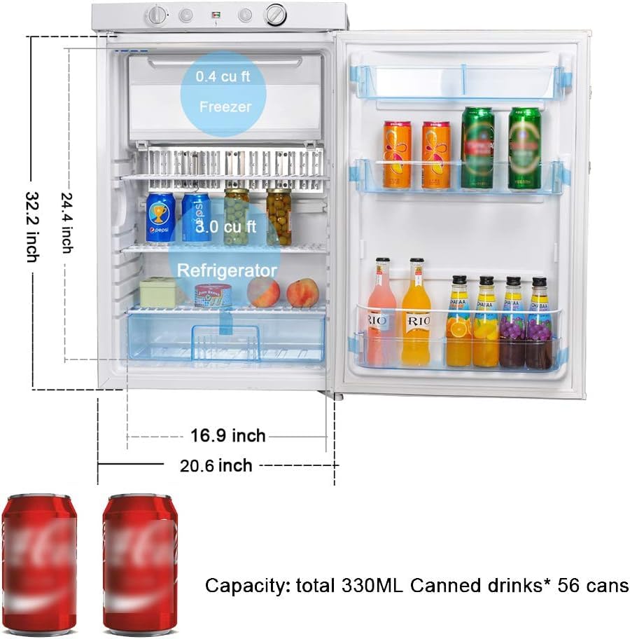 SMETA Propane Refrigerator RV 3 way Off Grid Camper Fridge Outdoor Refrigerator for Patio 12V/110V/Gas LPG, No Noise, Solar Fridge for RV Garage, Single Door, 3.5 Cu.Ft, White