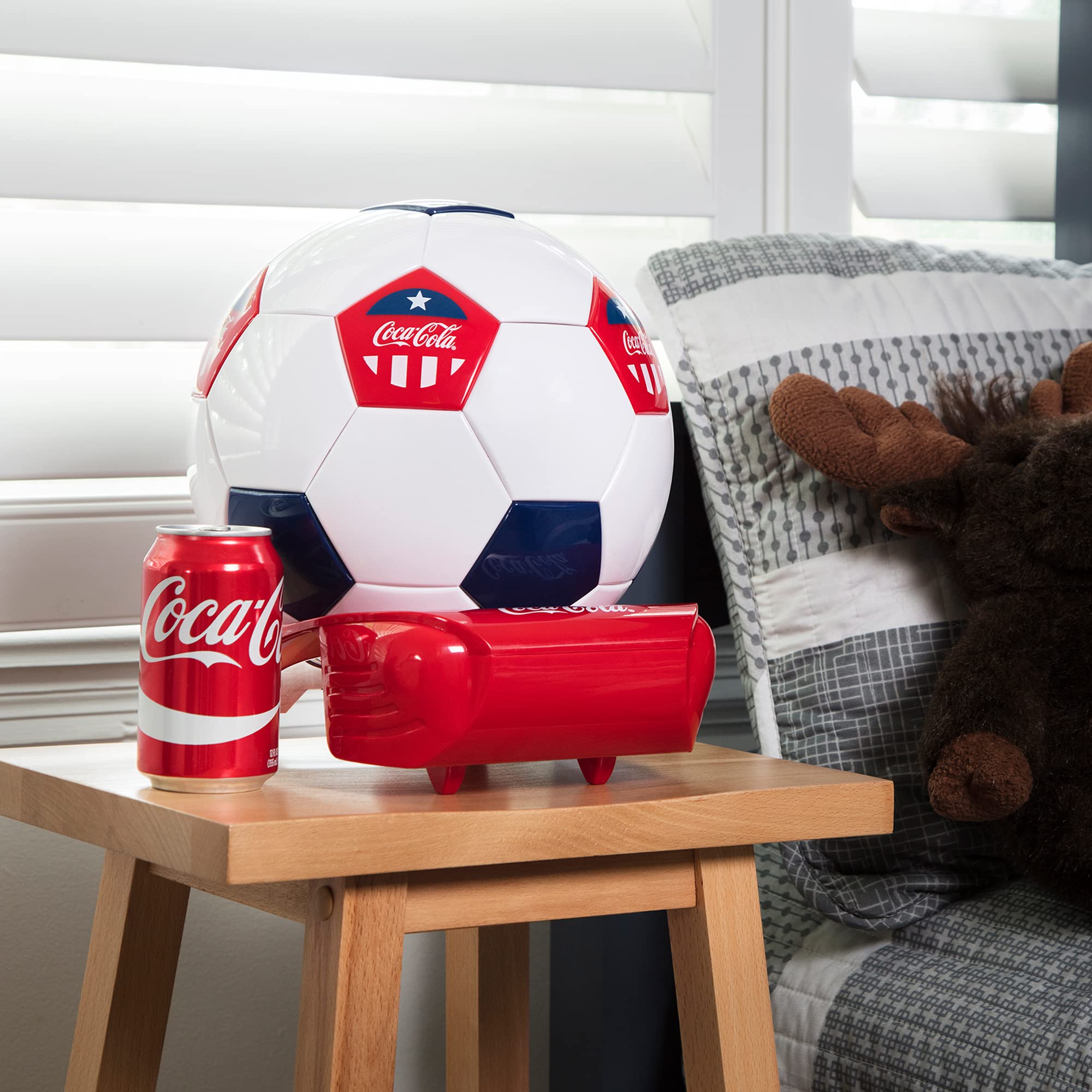 Coca-Cola Soccer Ball Mini Fridge, 5 Can Beverage Cooler with Hidden Opening, White Red Black, Unique Accessory for Den, Games Room, Man-Cave, Dorm, Sports Fans, Students