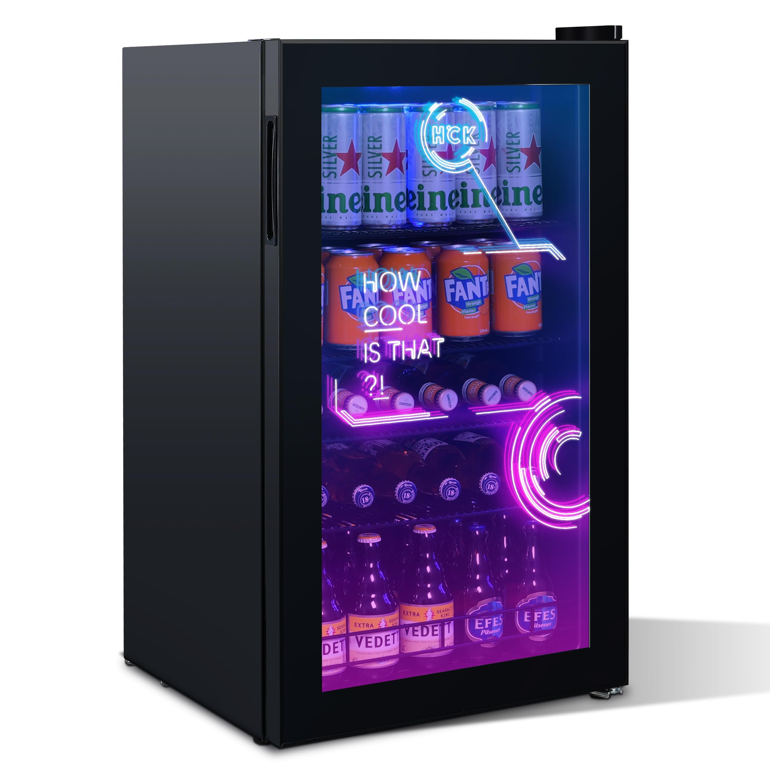 HCK Beverage Fridge, Small Bottle Fridge with Cyberpunk Modern Lighting, Mini Fridge 0-10 °C, Beer Fridge 3.5 cu.ft., For Gaming Room, Party, Black