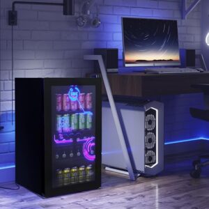 HCK Beverage Fridge, Small Bottle Fridge with Cyberpunk Modern Lighting, Mini Fridge 0-10 °C, Beer Fridge 3.5 cu.ft., For Gaming Room, Party, Black