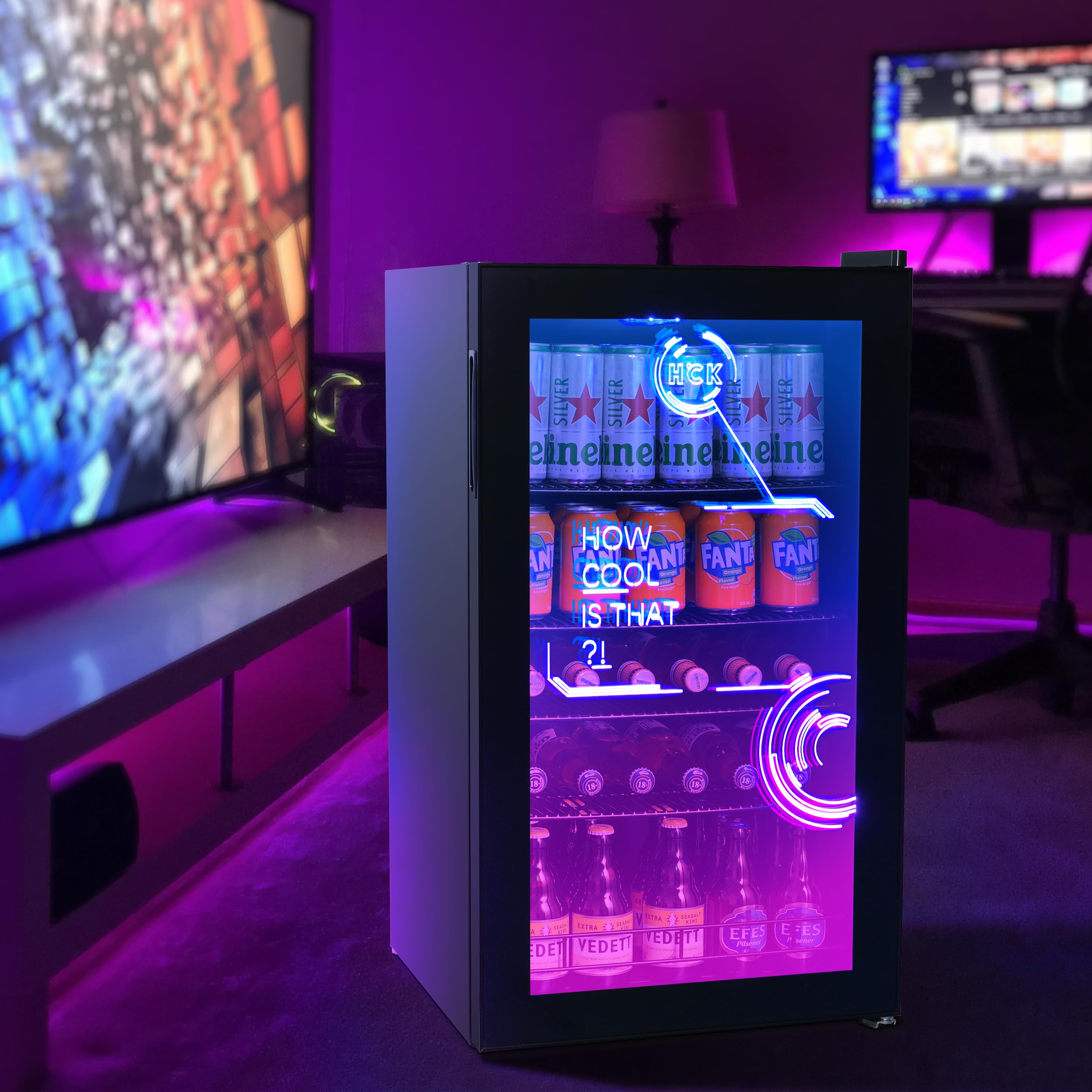 HCK Beverage Fridge, Small Bottle Fridge with Cyberpunk Modern Lighting, Mini Fridge 0-10 °C, Beer Fridge 3.5 cu.ft., For Gaming Room, Party, Black