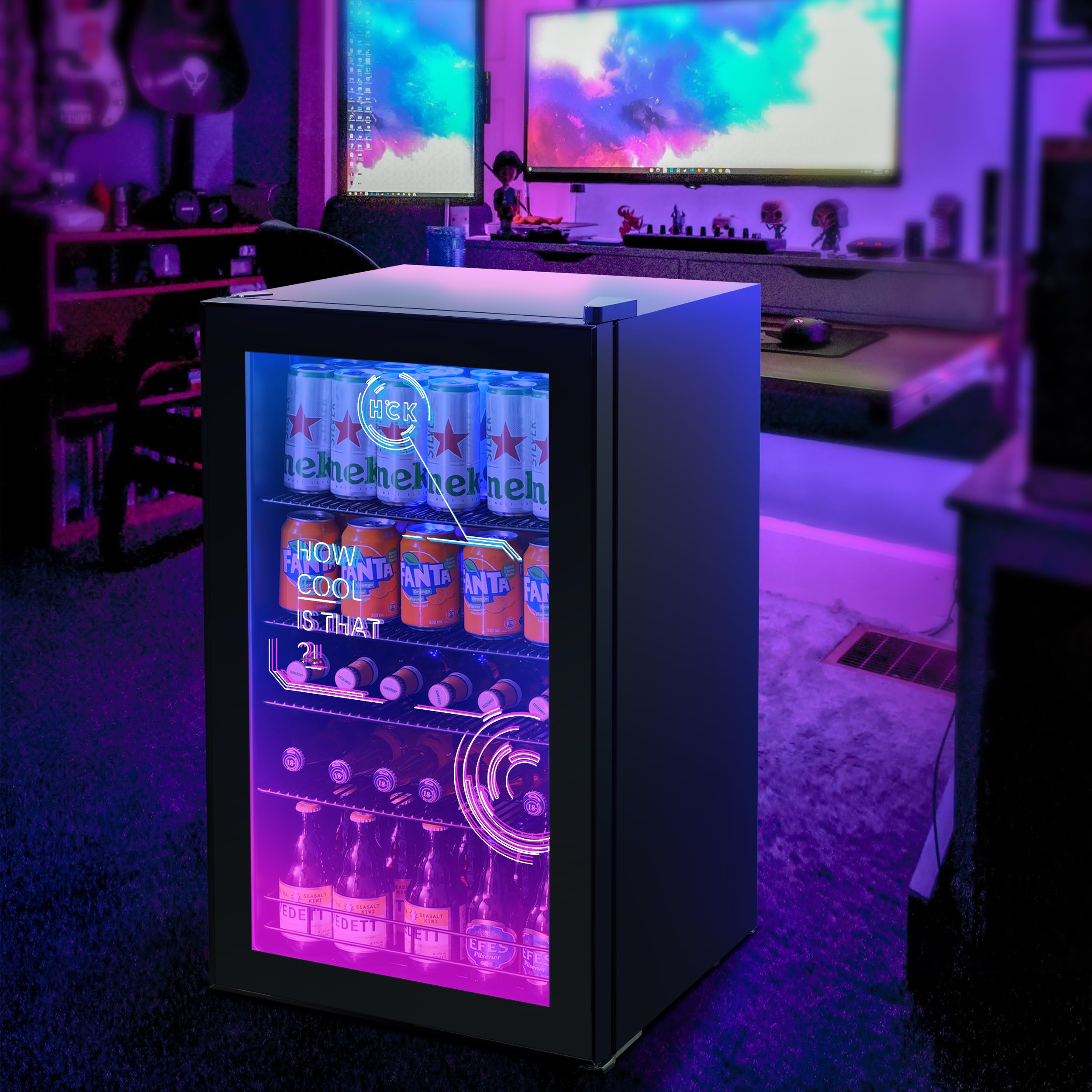 HCK Beverage Fridge, Small Bottle Fridge with Cyberpunk Modern Lighting, Mini Fridge 0-10 °C, Beer Fridge 3.5 cu.ft., For Gaming Room, Party, Black