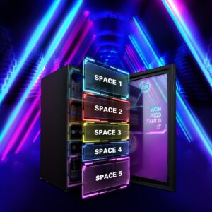 HCK Beverage Fridge, Small Bottle Fridge with Cyberpunk Modern Lighting, Mini Fridge 0-10 °C, Beer Fridge 3.5 cu.ft., For Gaming Room, Party, Black