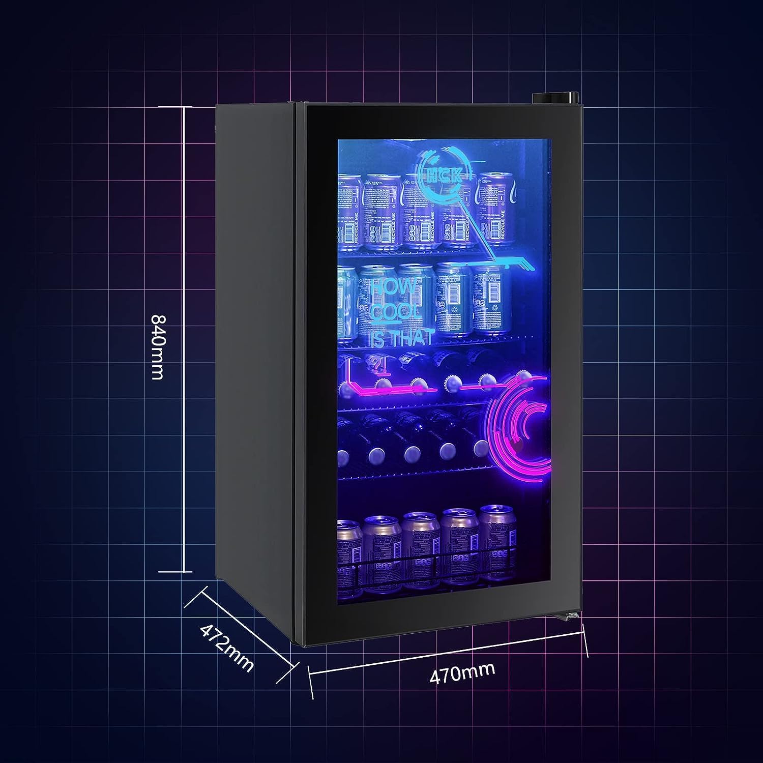 HCK Beverage Fridge, Small Bottle Fridge with Cyberpunk Modern Lighting, Mini Fridge 0-10 °C, Beer Fridge 3.5 cu.ft., For Gaming Room, Party, Black