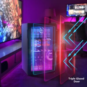 HCK Beverage Fridge, Small Bottle Fridge with Cyberpunk Modern Lighting, Mini Fridge 0-10 °C, Beer Fridge 3.5 cu.ft., For Gaming Room, Party, Black