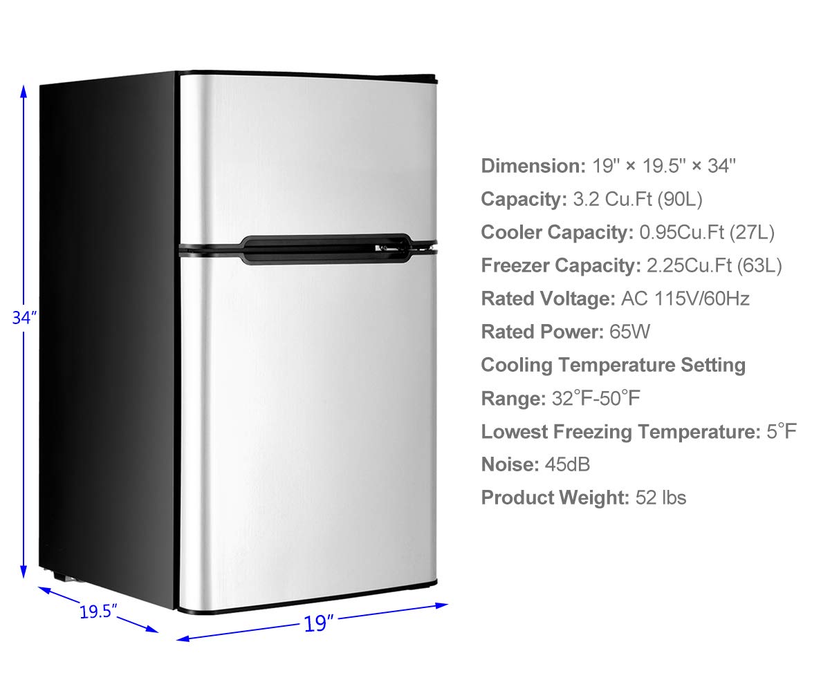 Toolsempire 3.2 Cu. FT Mini Fridge with Freezer, Dual Door Refrigerator with Adjustable Temperature & Removable Glass Shelves, Mini Fridge for Dorm, Office, Kitchen (Grey)