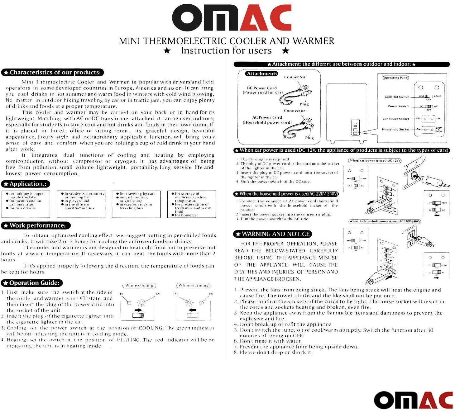 OMAC Mini Fridge for Cosmetics Camping Home Office and Car, Portable, 12V, AC/DC Power, 10 Liter, White