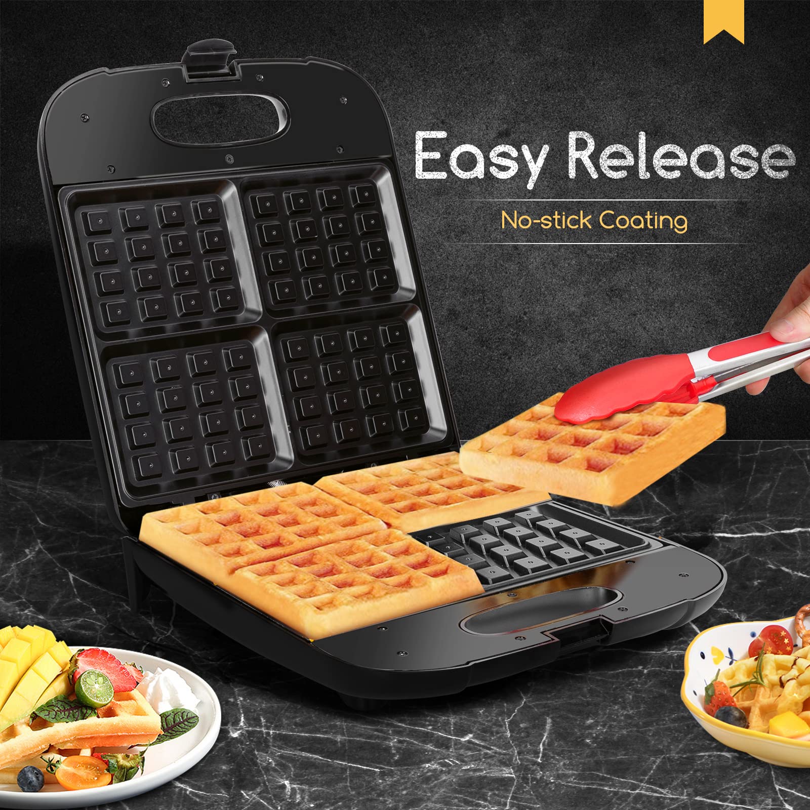 Aigostar Waffle Maker, 4-Slice Nonstick Waffle Iron, 1400W Square Waffle Machine with Indicator Lights for Hash Browns, Snacks, Breakfast & Lunch, Easy to Clean, PFOA Free, ETL Certificated, Black