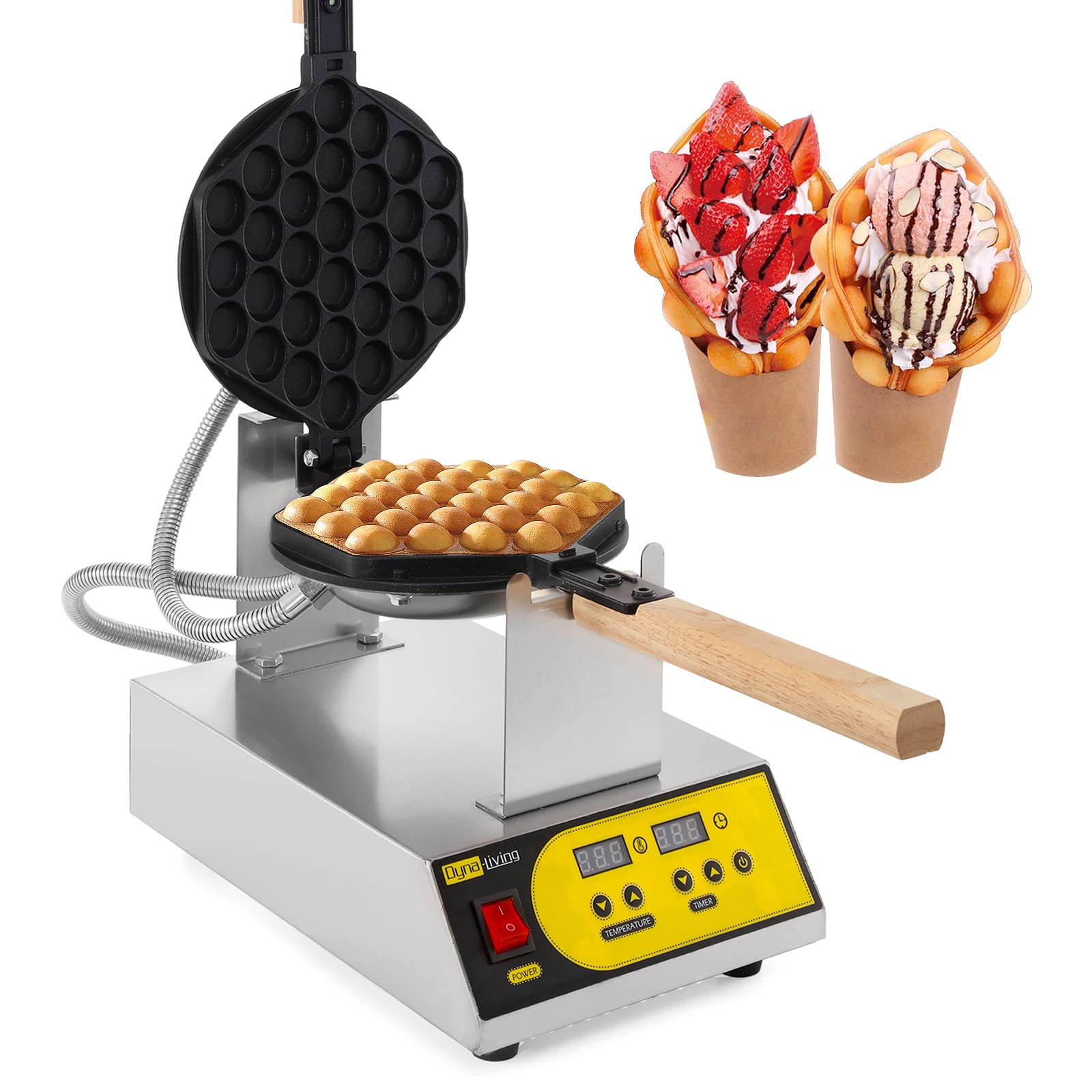 Dyna-Living Bubble Waffle Maker Commercial Intelligent Hong Kong Egg Waffle Maker 1400W Bubble Waffle Maker Machine with Non-stick Coating,LED Digital Display,110V