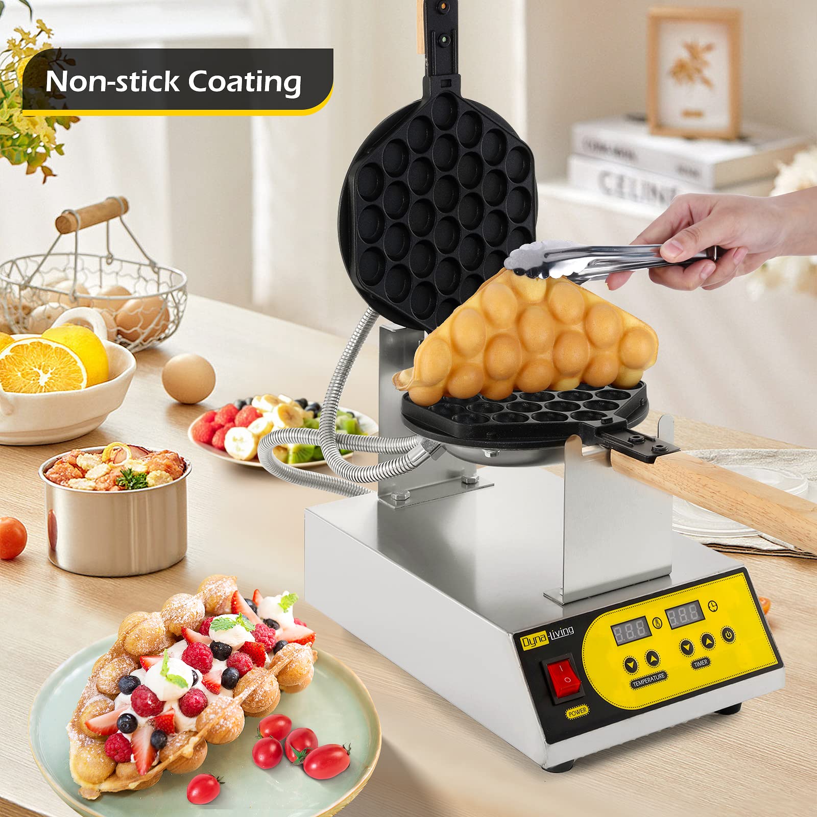 Dyna-Living Bubble Waffle Maker Commercial Intelligent Hong Kong Egg Waffle Maker 1400W Bubble Waffle Maker Machine with Non-stick Coating,LED Digital Display,110V