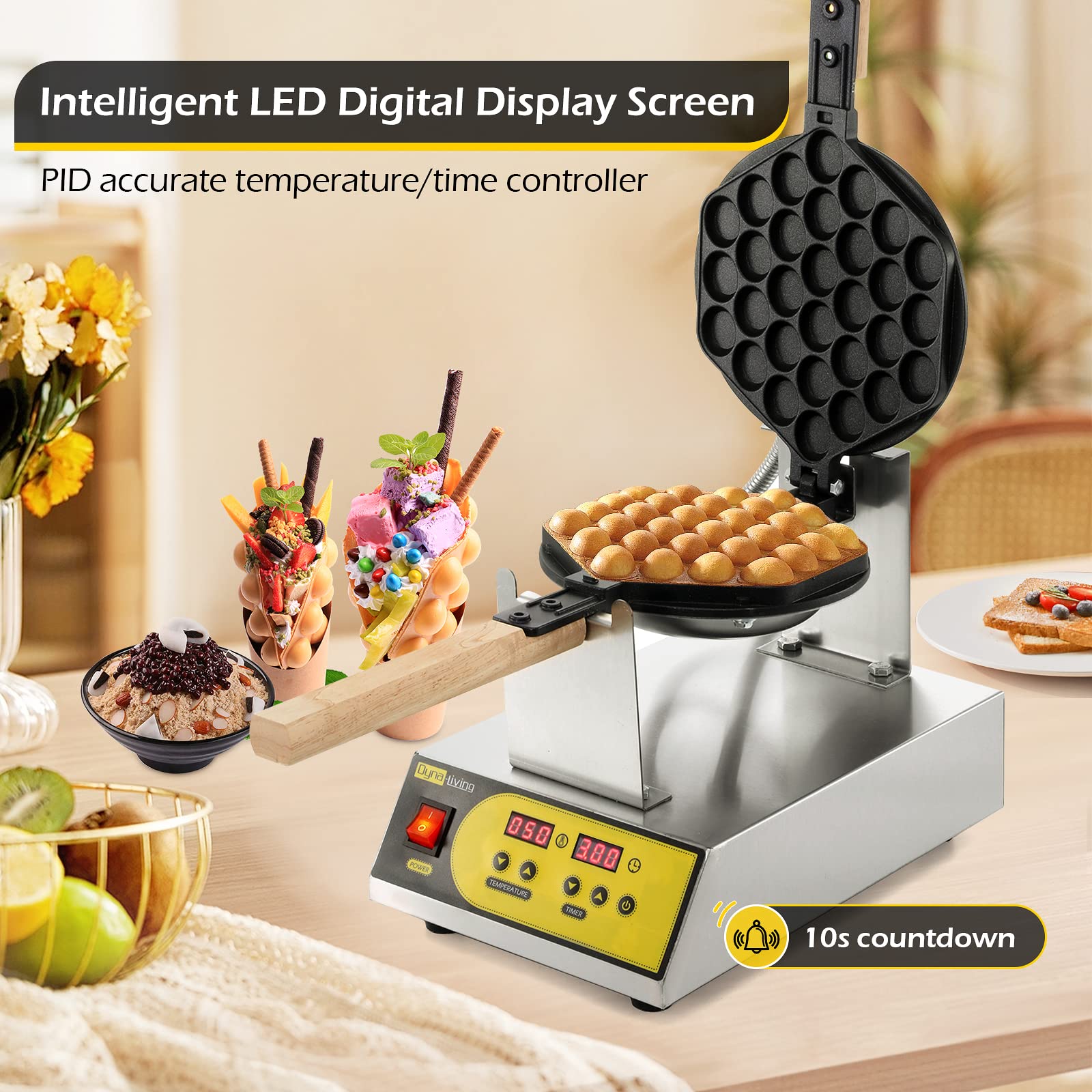 Dyna-Living Bubble Waffle Maker Commercial Intelligent Hong Kong Egg Waffle Maker 1400W Bubble Waffle Maker Machine with Non-stick Coating,LED Digital Display,110V