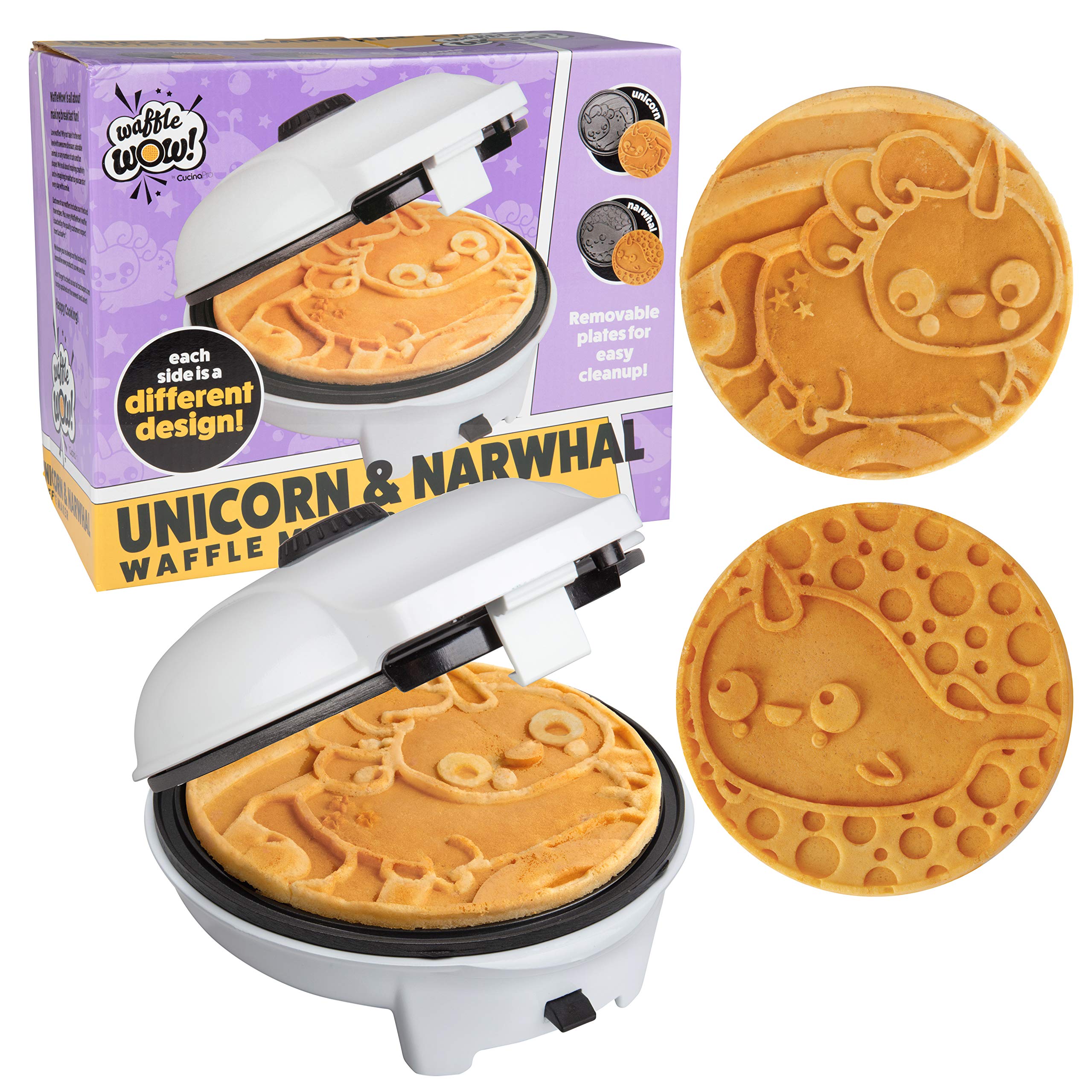 Narwhal Electric Waffle Maker w Removable Unicorn Plate for Easy Cleanup- Makes 8" Waffles or Pancakes that Bring Kids Breakfast Smiles- Non-Stick Waffler Griddle, Adjustable Temp Control, Girls Gift