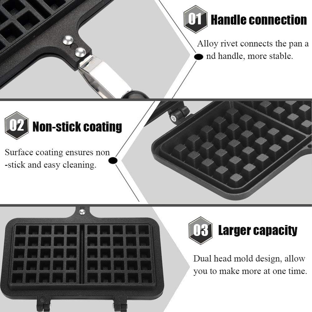 Cast Iron Waffle Maker, Non-stick Aluminum Stovetop Double Mini Waffle Baking Pan for Snacks Breakfast Dessert, 8.5 x 13.2inch Stovetop Belgium Waffle Iron Maker Waffle Pan Pie Maker Waffle Pan Pot