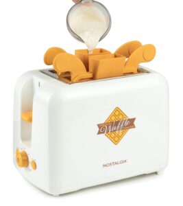 nostalgia vertical waffle maker, bakes two fresh batter waffles at a time in a toaster, removable dishwasher safe silicone molds, extra wide slots, adjustable doneness dial, ivory, vwt2ivy