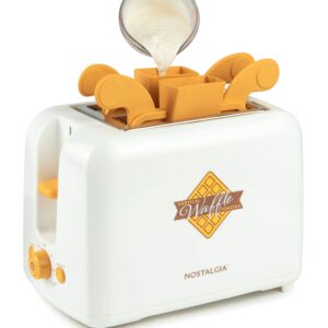 Nostalgia Vertical Waffle Maker, Bakes Two Fresh Batter Waffles at a Time in a Toaster, Removable Dishwasher Safe Silicone Molds, Extra Wide Slots, Adjustable Doneness Dial, Ivory, VWT2IVY