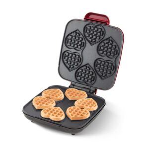 dash multi mini heart shaped waffle maker: six mini waffles, perfect for families, dual non-stick surfaces with quick release & easy clean - red heart