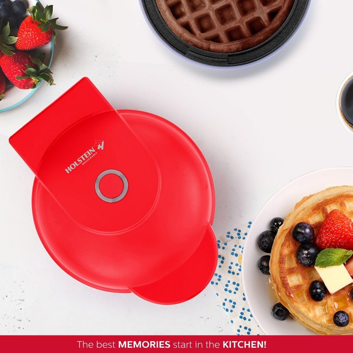 Holstein Housewares Personal Non-Stick Waffle Maker, Red - 4-inch Waffles in Minutes