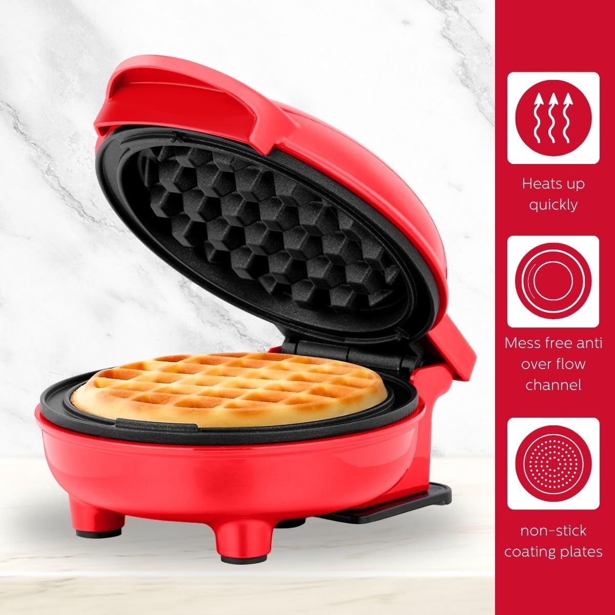 Holstein Housewares Personal Non-Stick Waffle Maker, Red - 4-inch Waffles in Minutes